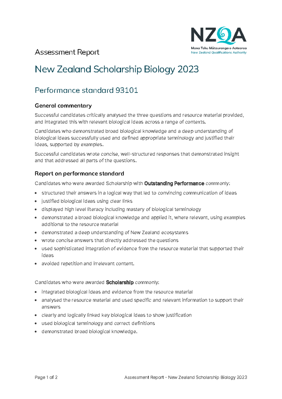 93101 Assessment Report: 2023 NZ Scholarship Biology Performance - Studocu