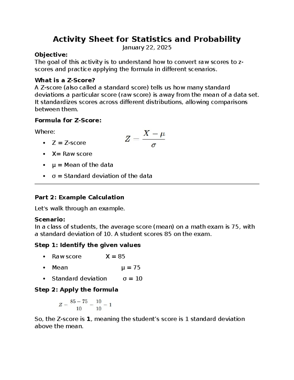 Activity Sheet: Converting Raw Scores to Z-Scores in Stats & Prob (Jan ...