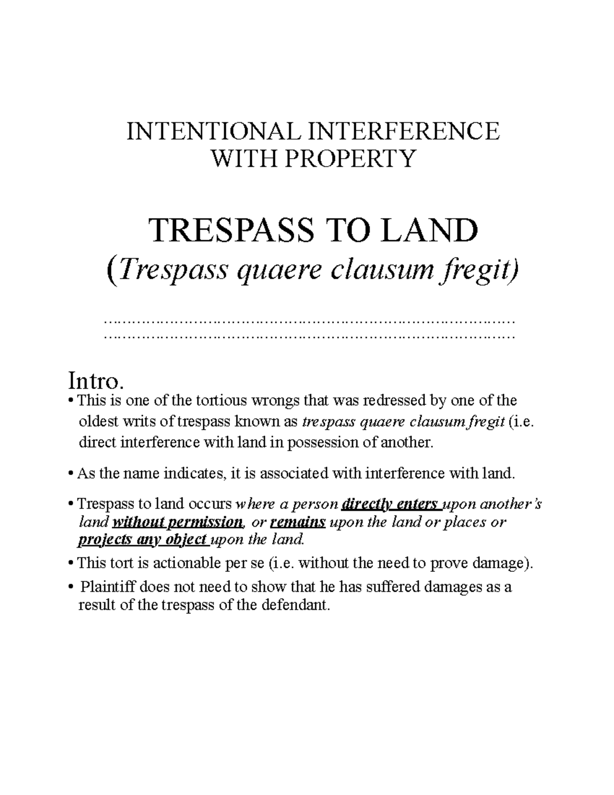 Trespass to Land: Understanding Legal Principles and Elements - Studocu