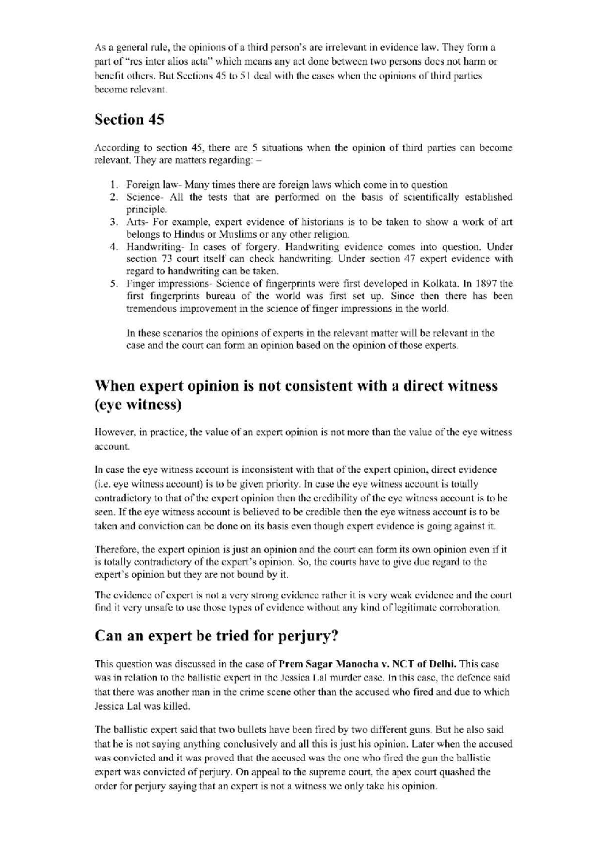 Law Notes on Expert Opinions and Evidence (Course Code: LAW101) - Studocu