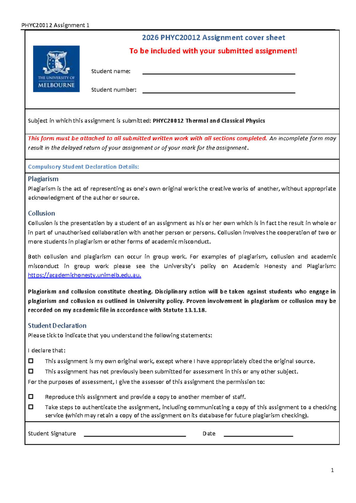PHYC20012 Assignment 1 Cover Sheet & Student Declaration 2026 - Studocu