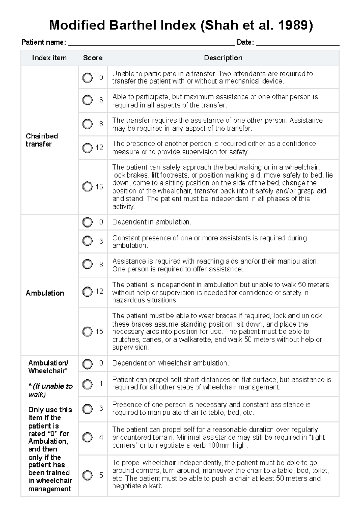 Modified Barthel Index Assessment Tool for Patient Mobility Evaluation ...