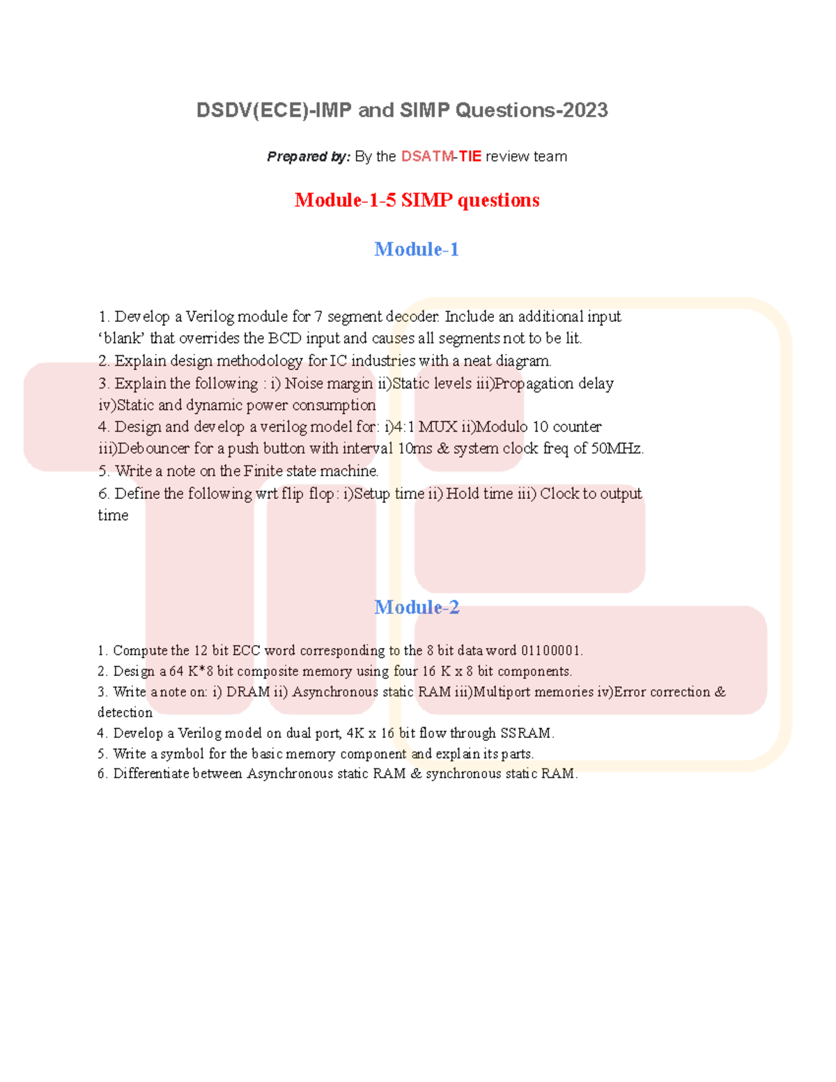 DSDV(ECE)-IMP & SIMP Questions: Modules 1-5 Overview and Solutions - Studocu