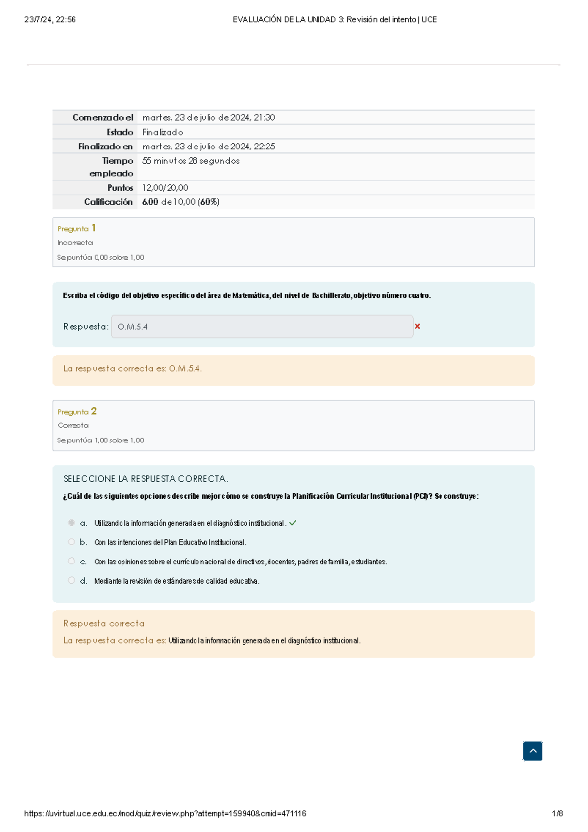 Evaluación DE LA Unidad 3 Revisión del intento UCE 2 - Comenzado el ...