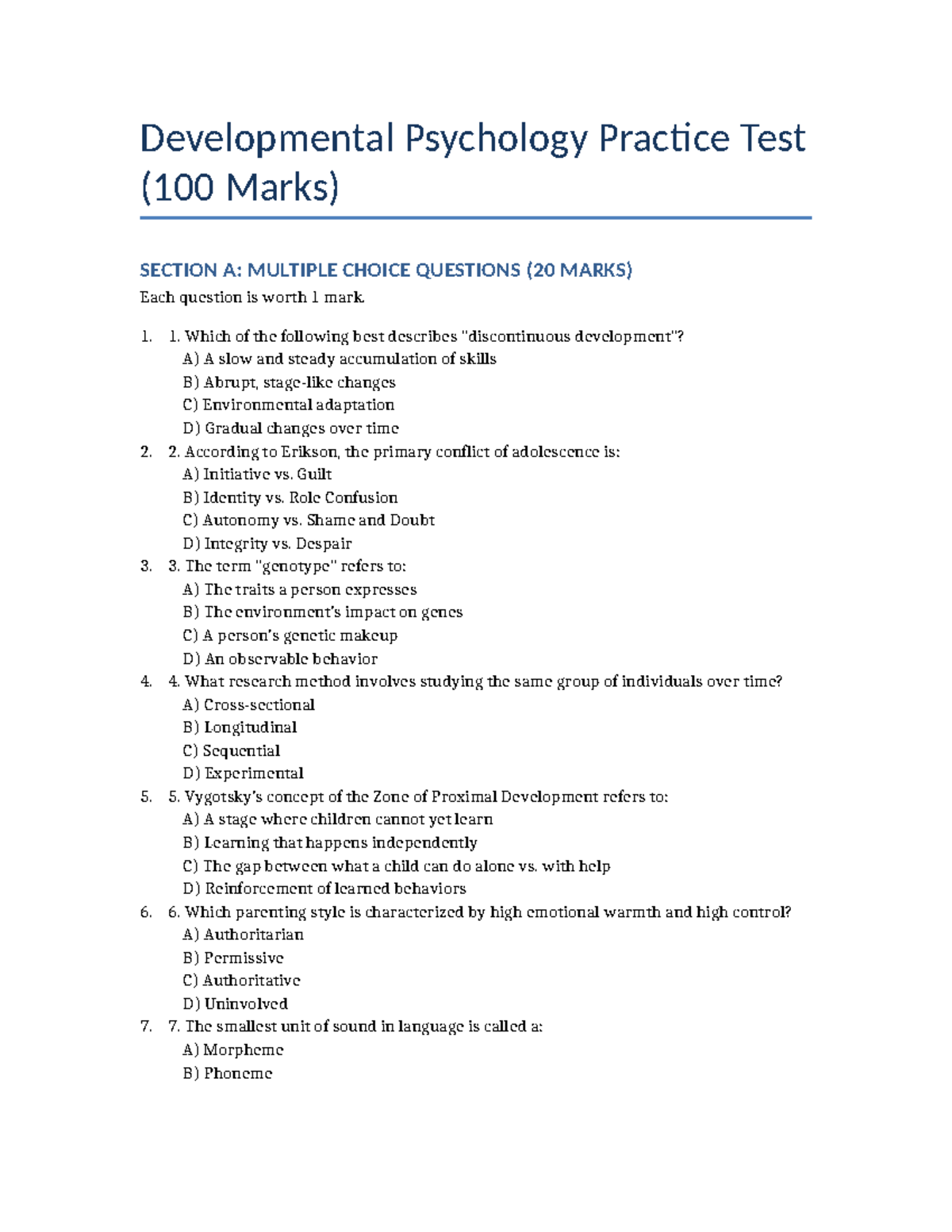 Developmental Psychology Practice Test (100 Marks) - MCQs & Essays ...