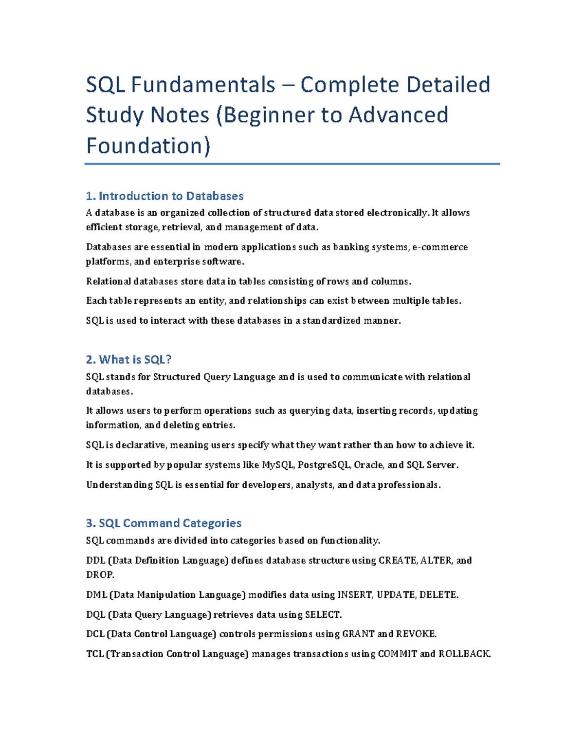 SQL 101: Comprehensive Study Notes for Beginners to Advanced - Studocu