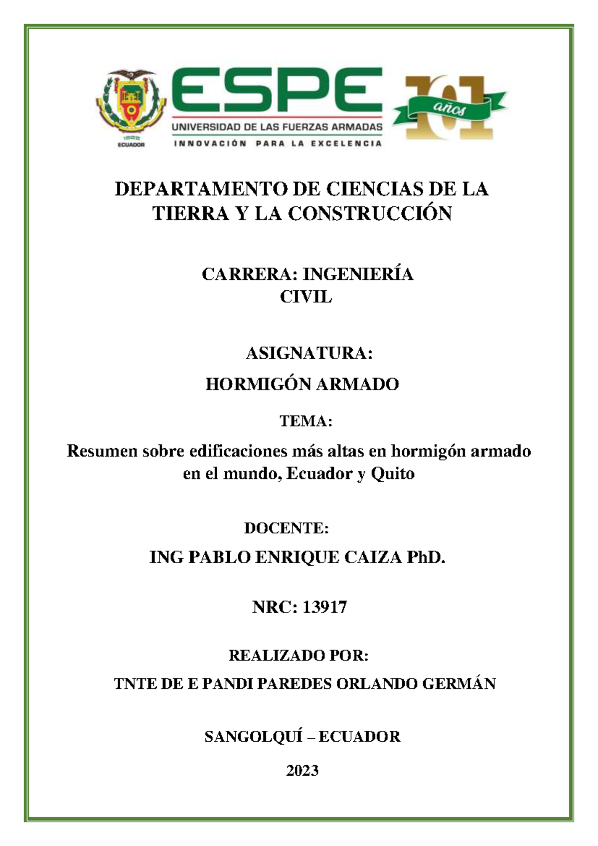 Resumen sobre Edificaciones Altas en Hormigón Armado - NRC 13917 - Studocu