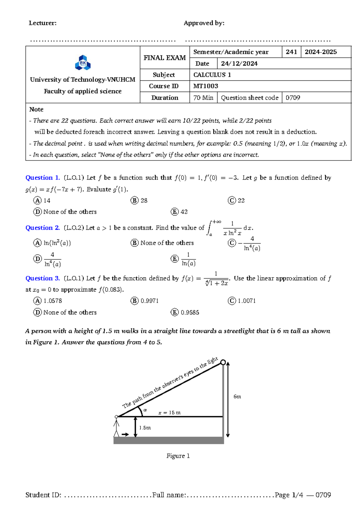 MT1003 - Calculus 1 Final Exam Question Sheet (0709) - Studocu