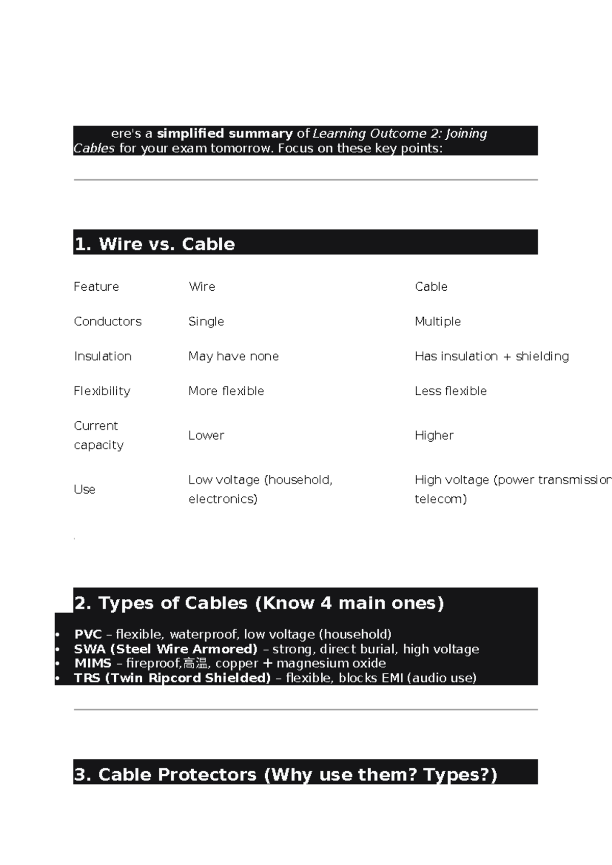 Learning Outcome 2: Joining Cables Summary for Exam (ENG 101) - Studocu
