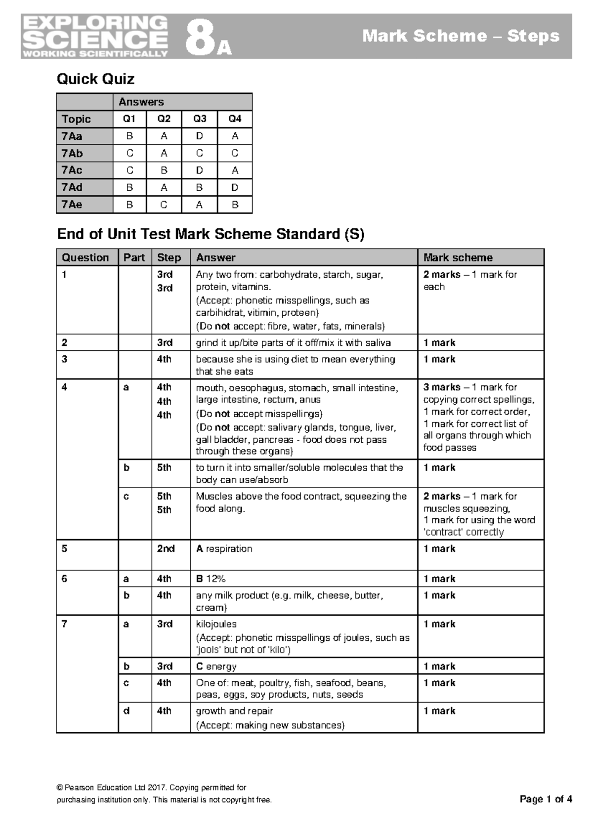 8A Science End of Unit Test Mark Scheme - Pearson Education - Studocu