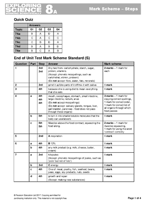 Pearson Education Science 8H End of Unit Test Mark Scheme - Studocu