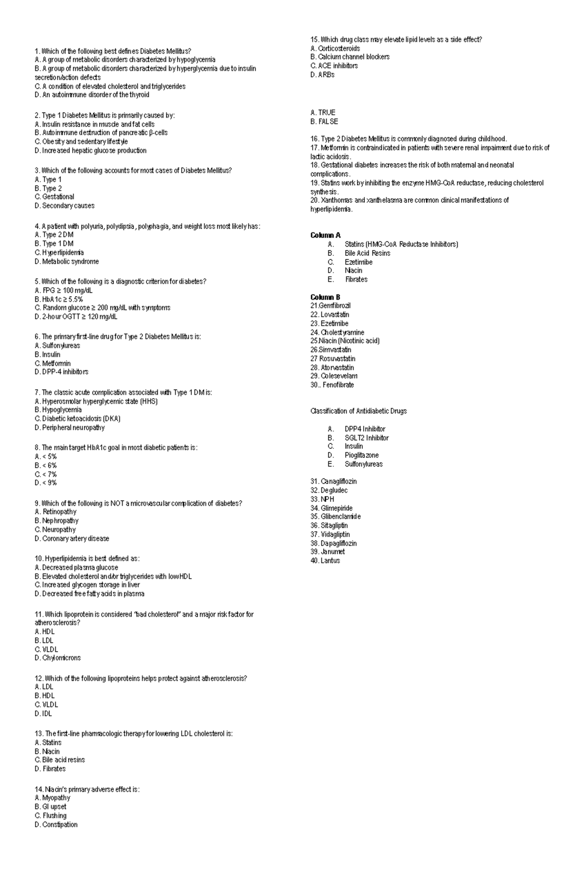 Quiz on Diabetes Mellitus and Hyperlipidemia Concepts - Studocu