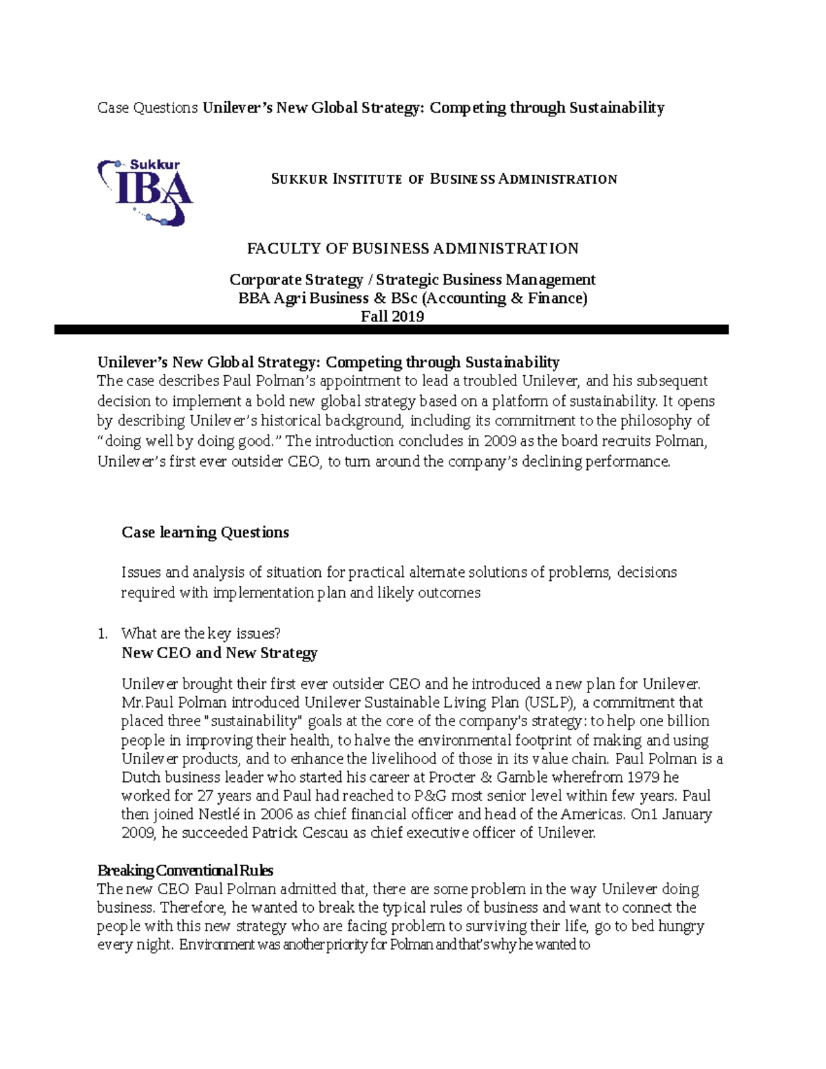 Case Study Questions: Unilever’s Global Strategy on Sustainability (BBA 2019) - Studocu