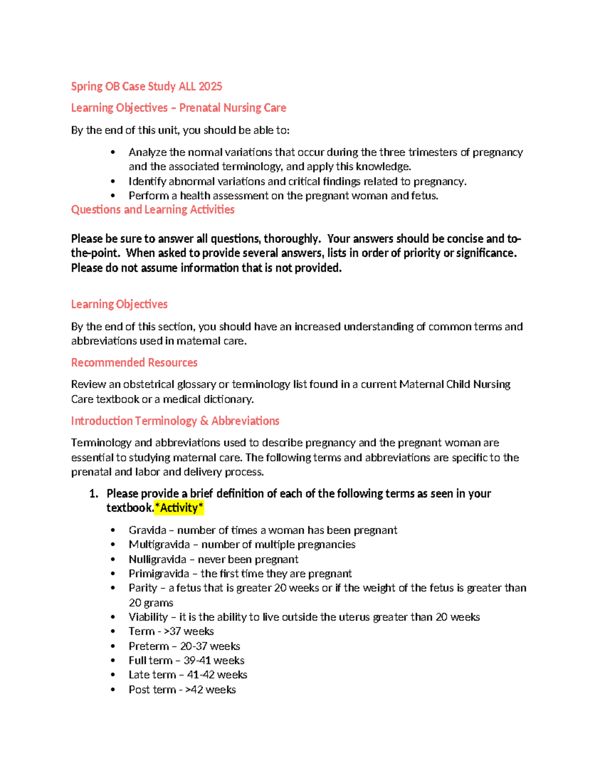 Spring OB Case Study 2025: Learning Objectives in Prenatal Care - Studocu