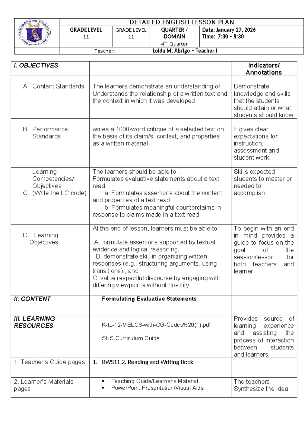 Detailed English Lesson Plan for Grade 11: Formulating Evaluative ...