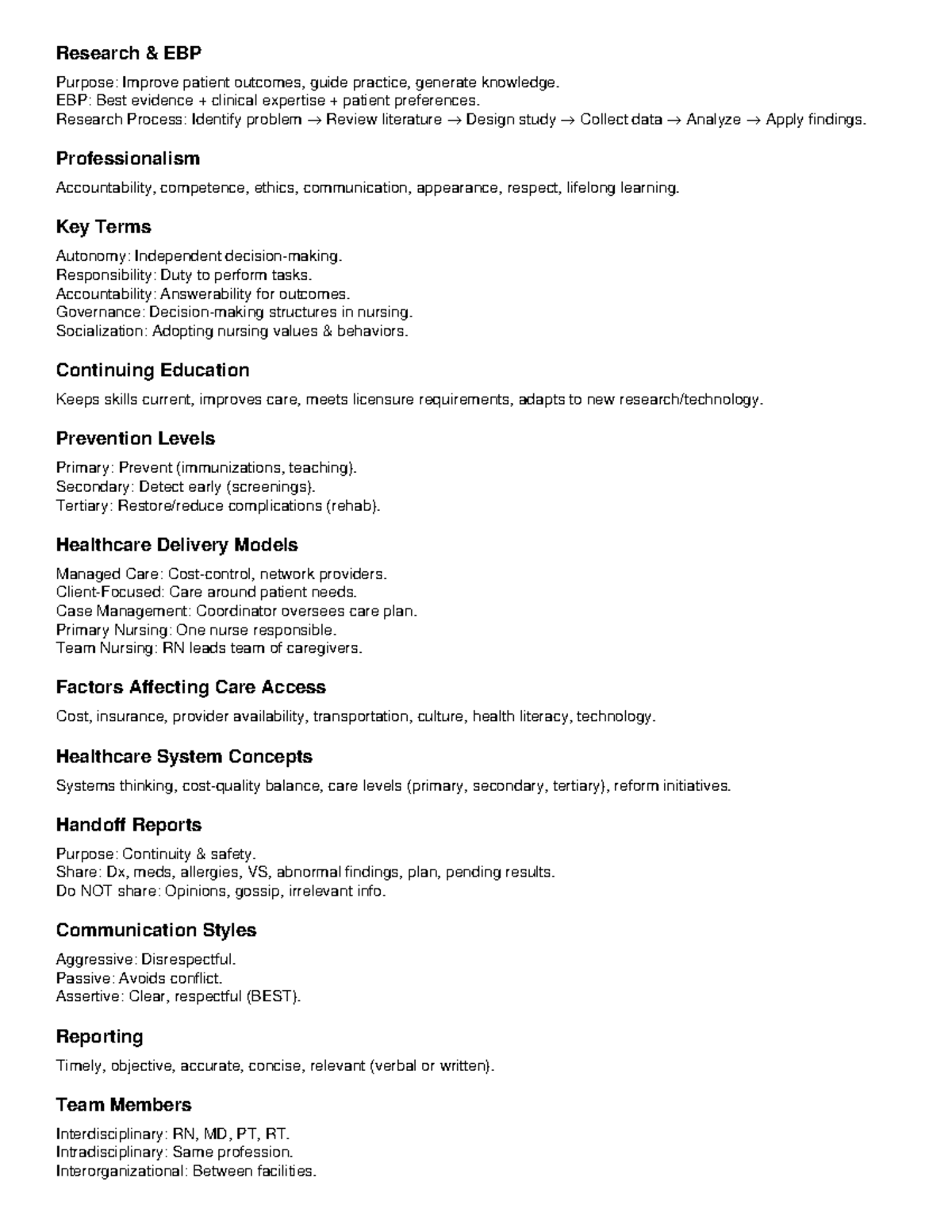 NUR 101: Nursing Quick Review Cheat Sheet for EBP & Care Models - Studocu