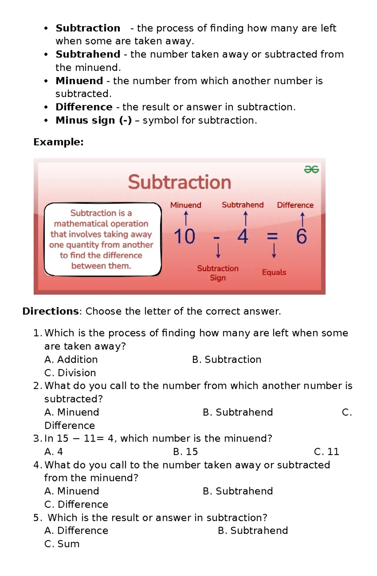 MATH 101 - Subtraction Concepts and Inverse Operations Review - Studocu