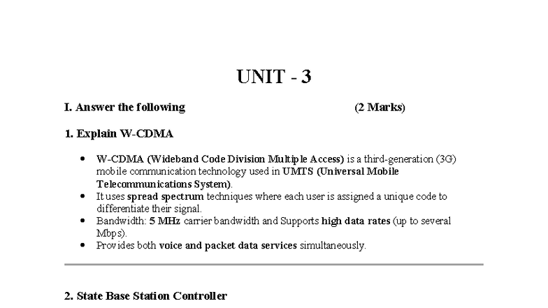 Unit 3 Answer Key: 3G Mobile Communication Concepts and Architecture - Studocu