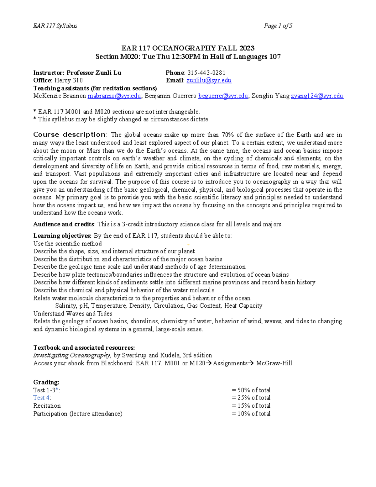 EAR 117 Oceanography Syllabus - Fall 2023 M020 Section - Studocu