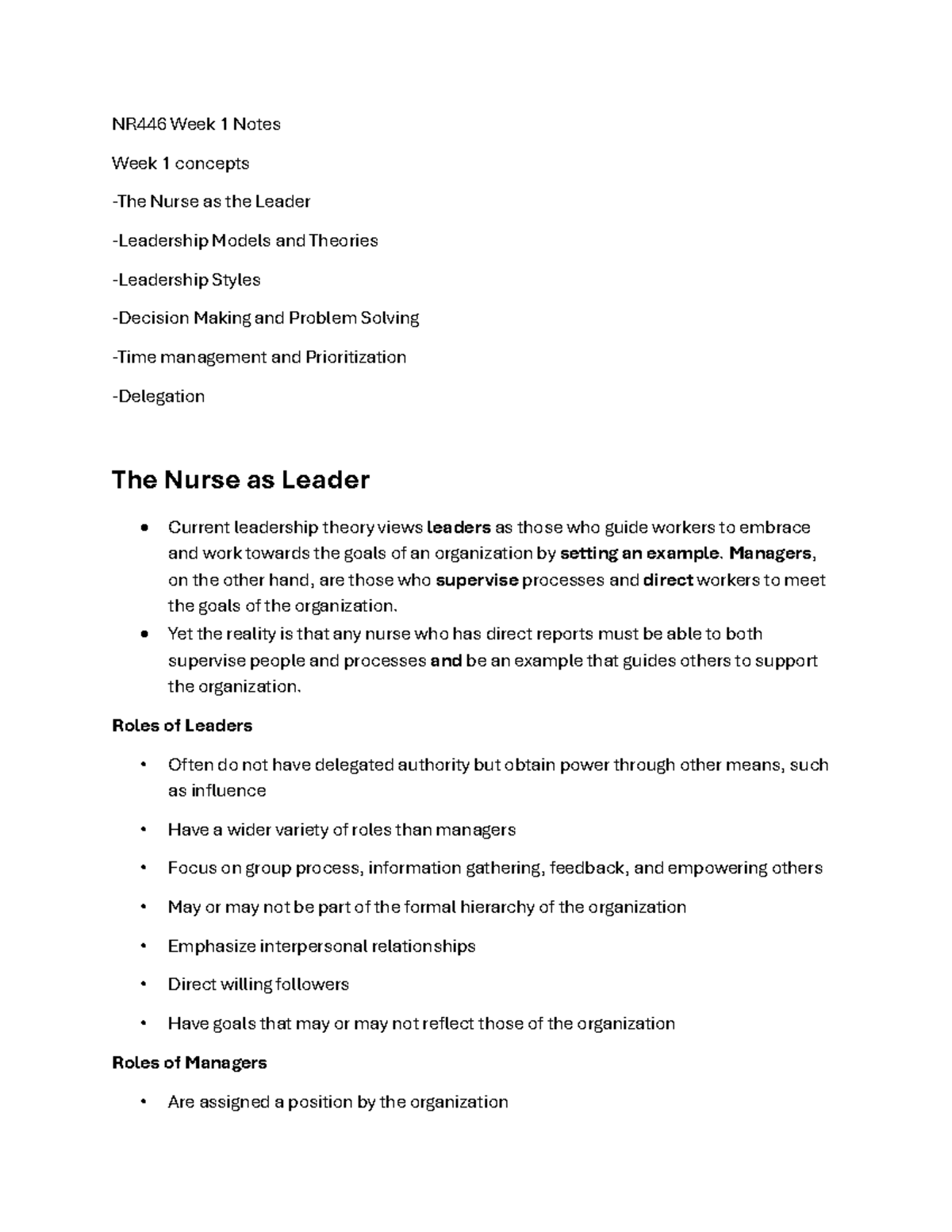 NR446 Week 1 Notes: Leadership Models, Theories, and Management Skills ...