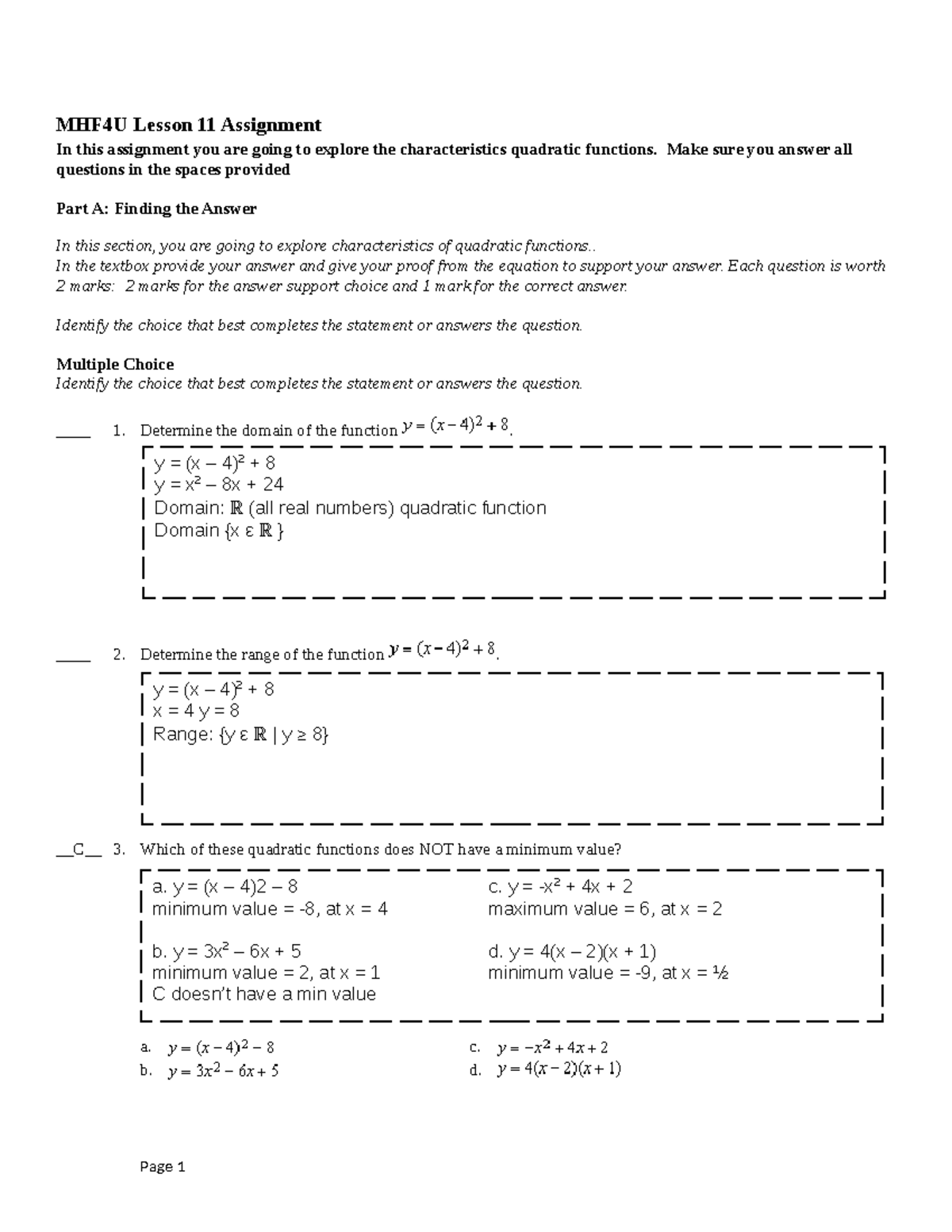MHF4U Lesson 11 Assignment equations added answered - MHF4U Lesson 11 Assignment In this ...