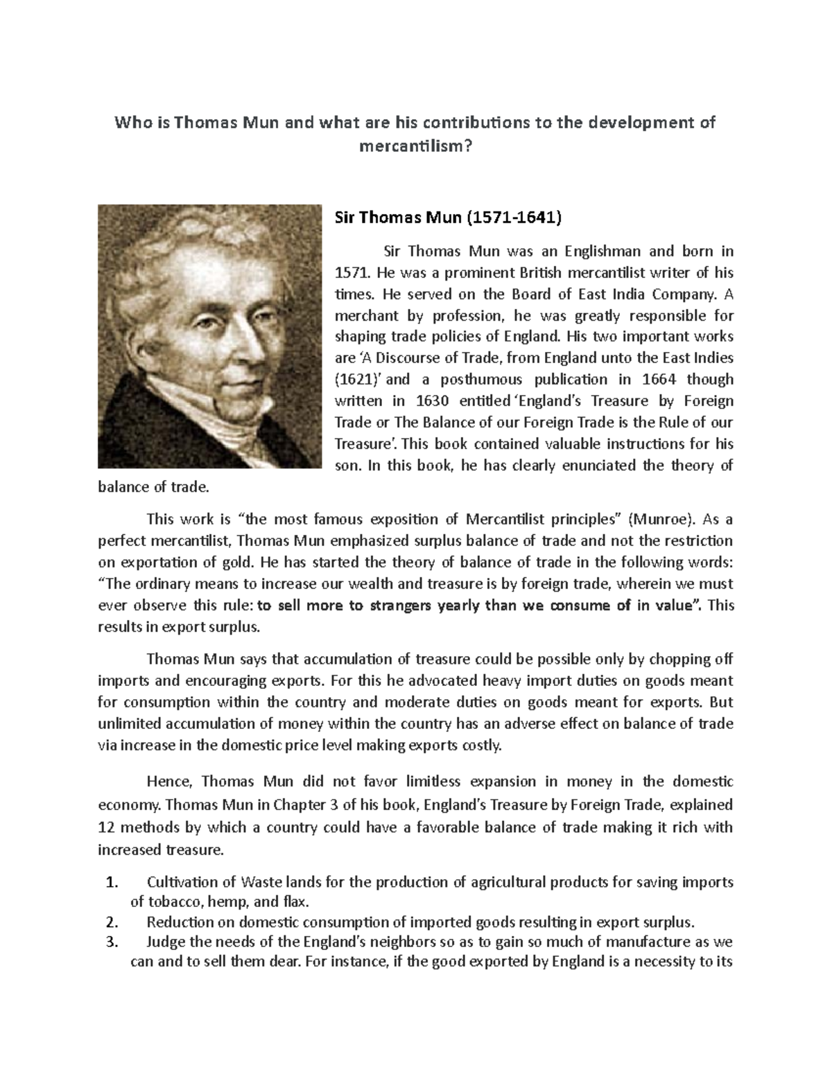 Thomas Mun: Key Contributions to Mercantilism and Trade Theory - Studocu