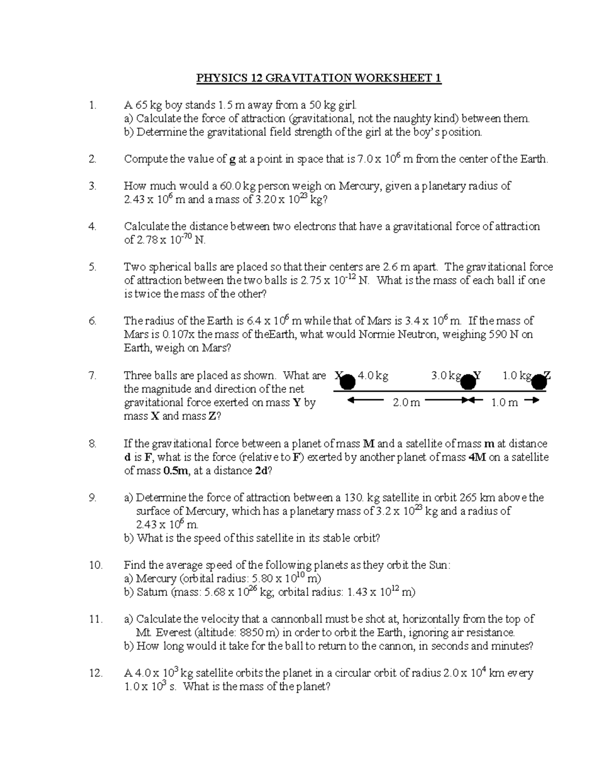 PHYSICS 12 Gravitation WS1 - Detailed Gravity Practice Problems - Studocu