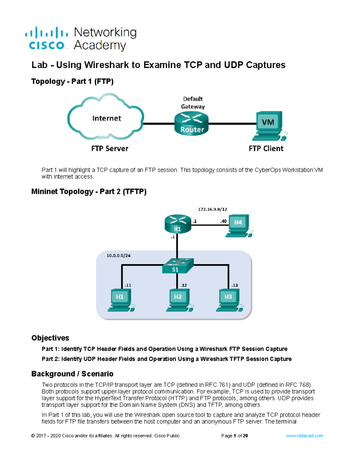 1043 Lab Using Wireshark To Examine Tcp And Udp Captures Topology Part 1 Ftp Part 1