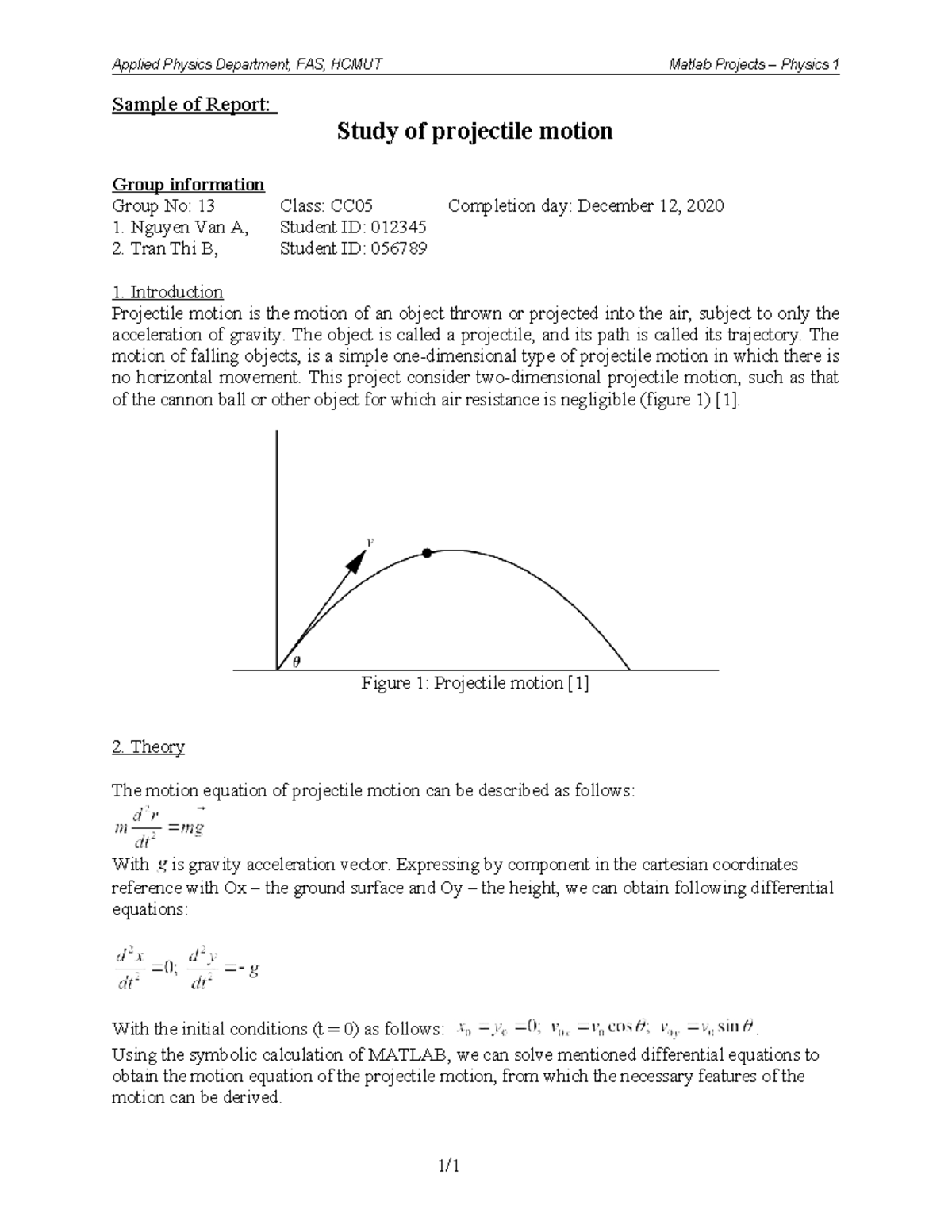 Matlab Projects in Physics 1: Study of Projectile Motion Report - Studocu