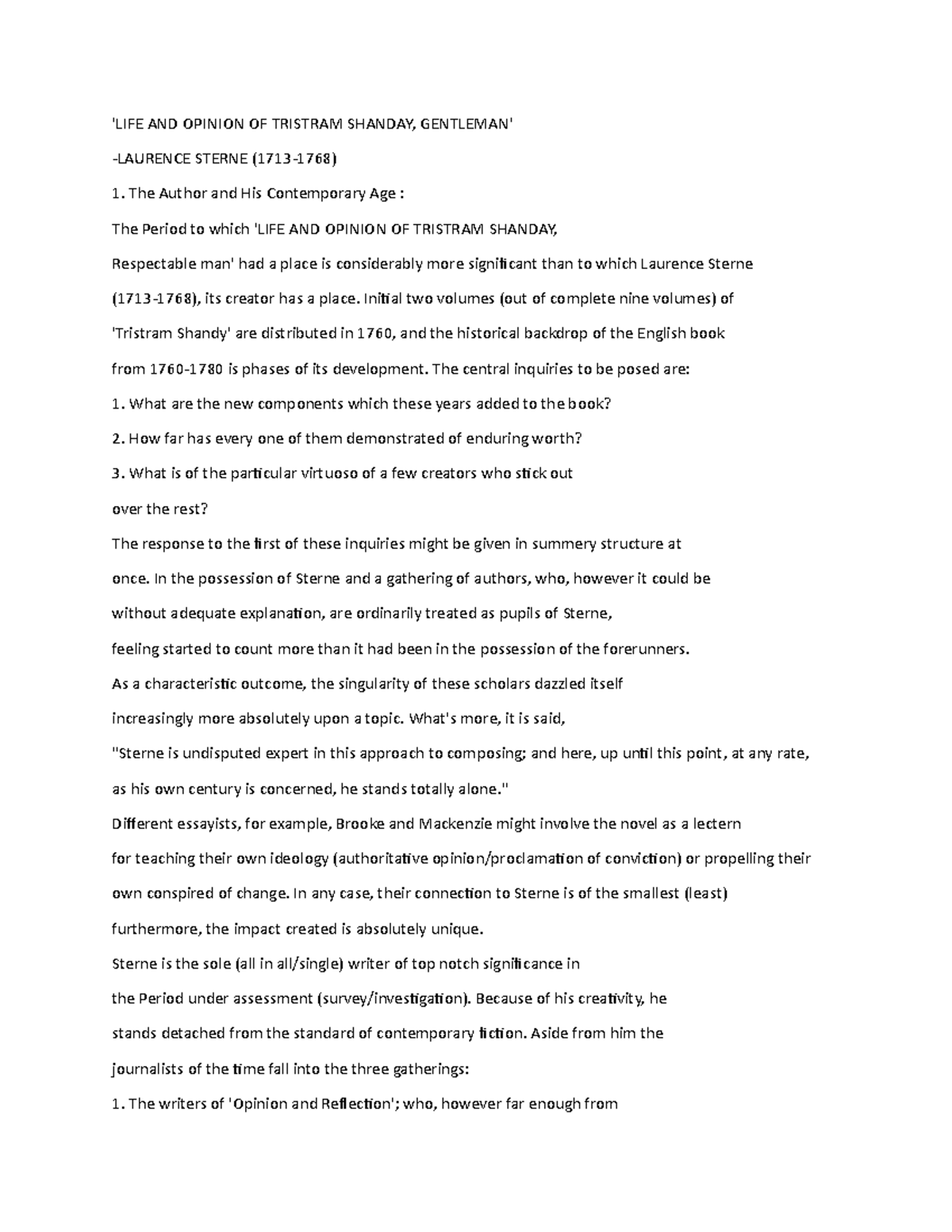 Tristram Shandy Notes materials - English literature - MG University ...