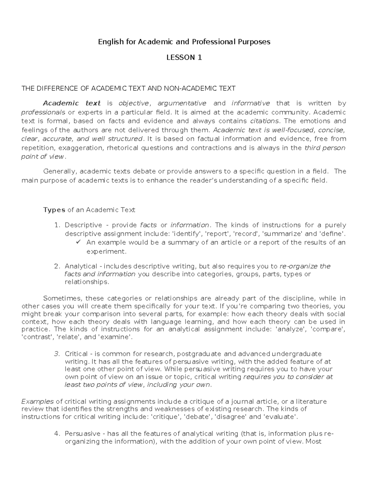 Lesson 1: Understanding Academic vs Non-Academic Texts - EAPP 12 - Studocu