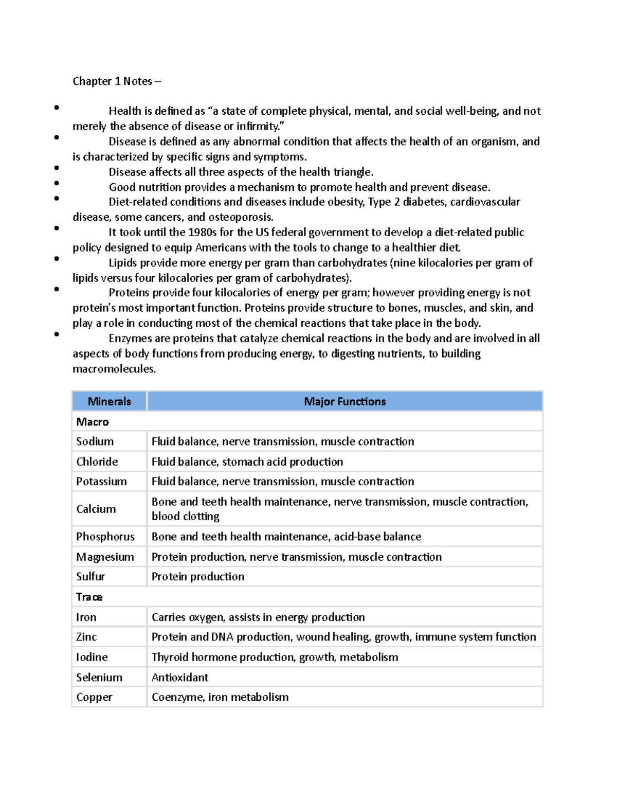 NTR 100 - Chapter 1 Notes - Chapter 1 Notes – Health is deined as “a ...