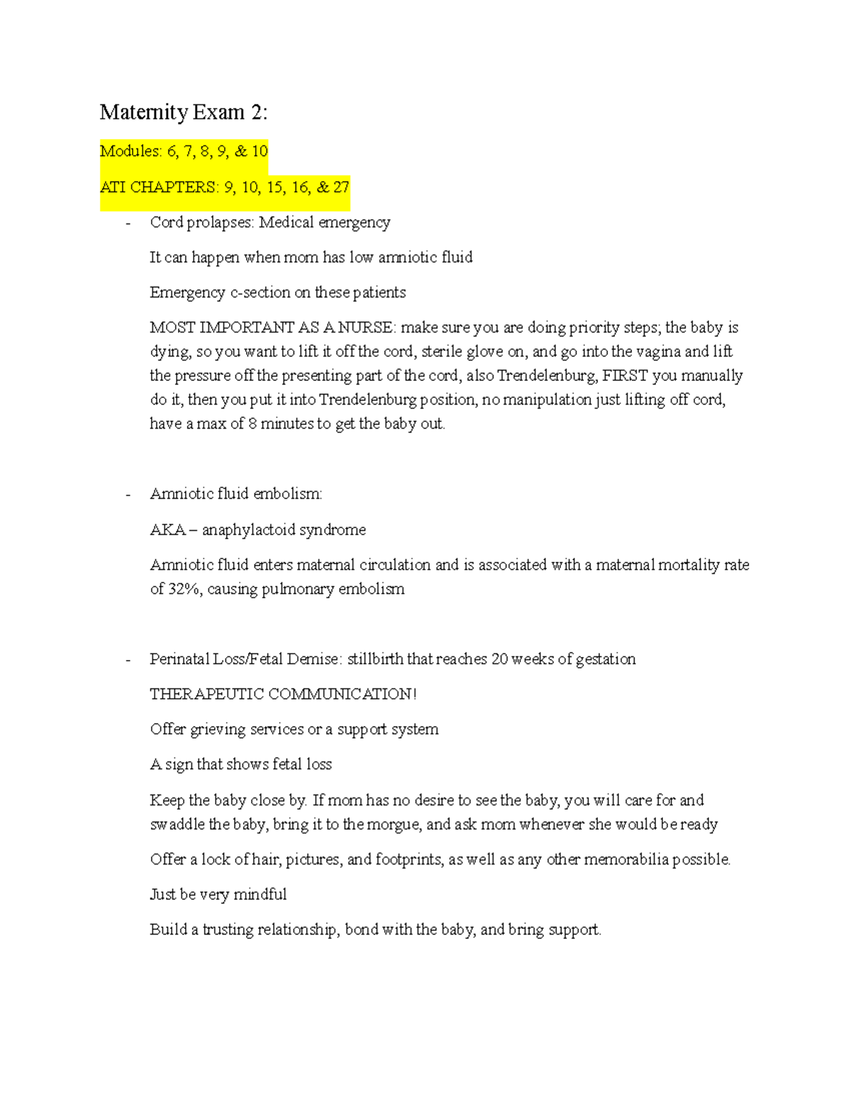 Maternity Exam Notes: Modules 6-10 & ATI Chapters 9, 10, 15-16, 27 ...