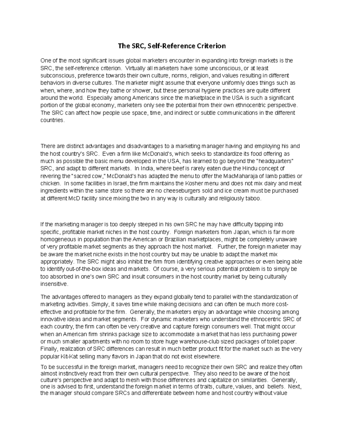 The Self-Reference Criterion (SRC) in Global Marketing Strategies - The SRC, Self-Reference ...