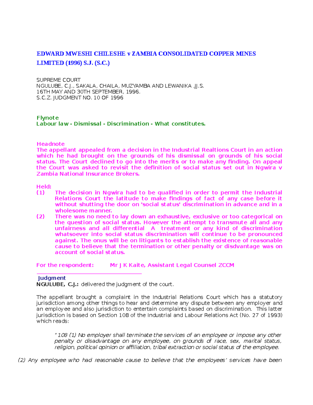 Judgment on Discrimination and Dismissal: Chileshe v ZCCM (1996) - Studocu