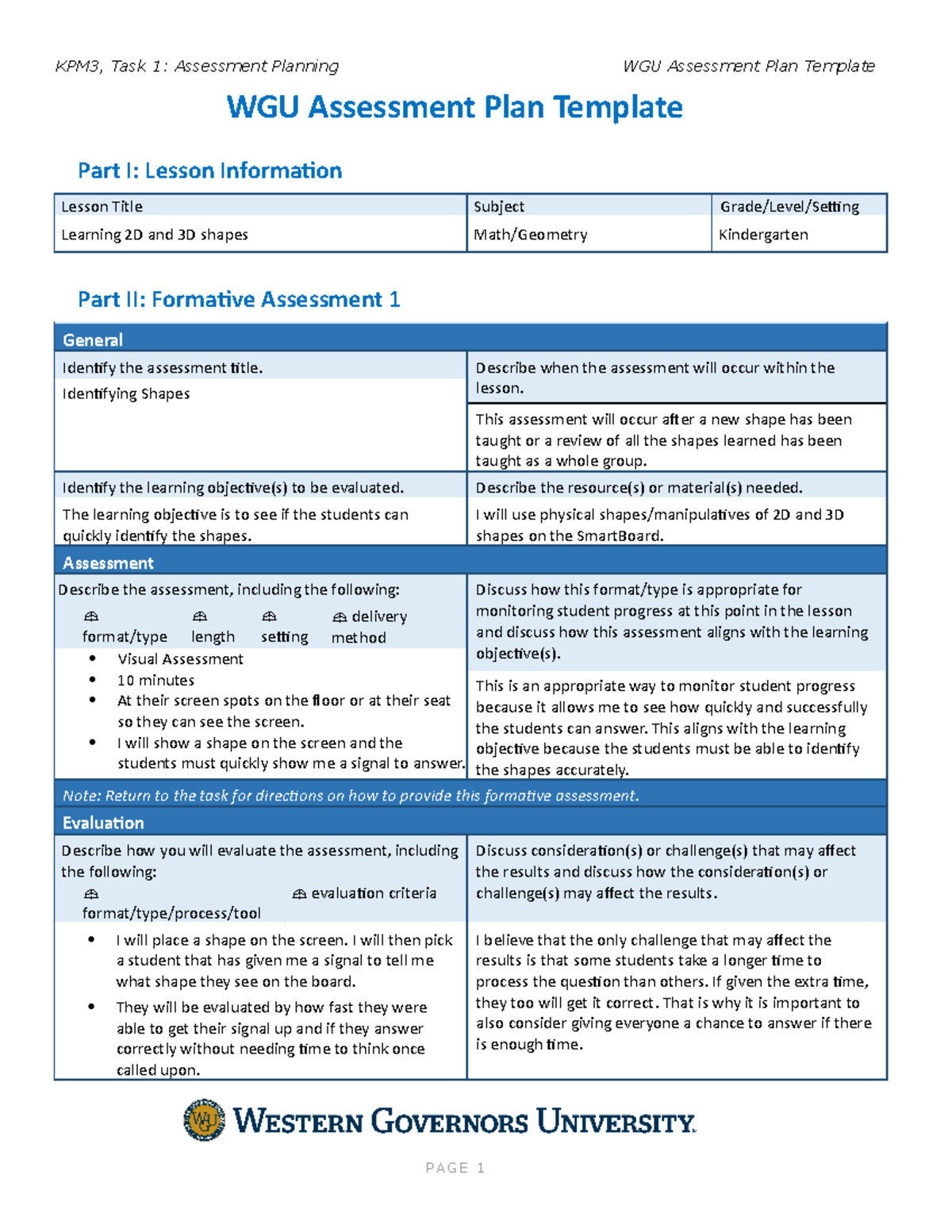 WGU Assessment Plan D172 - WGU Assessment Plan Template Part I: Lesson ...