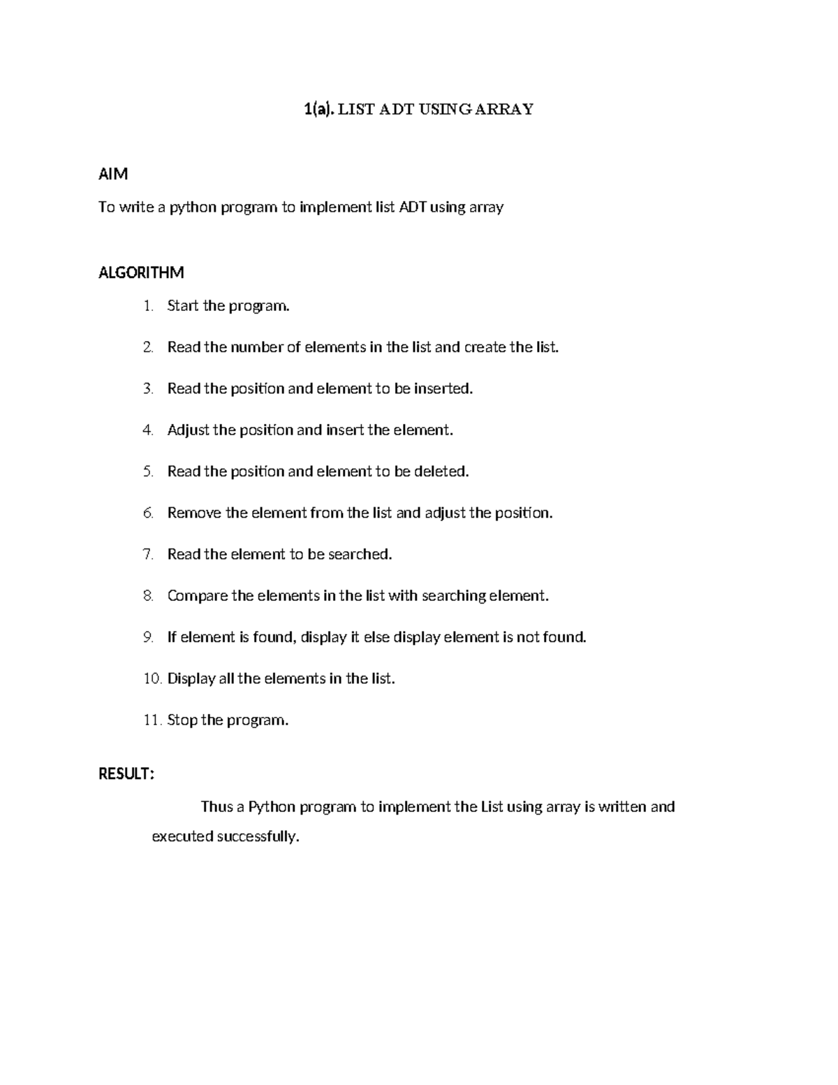 Alg in ds - thanking u - 1(a). LIST ADT USING ARRAY AIM To write a ...