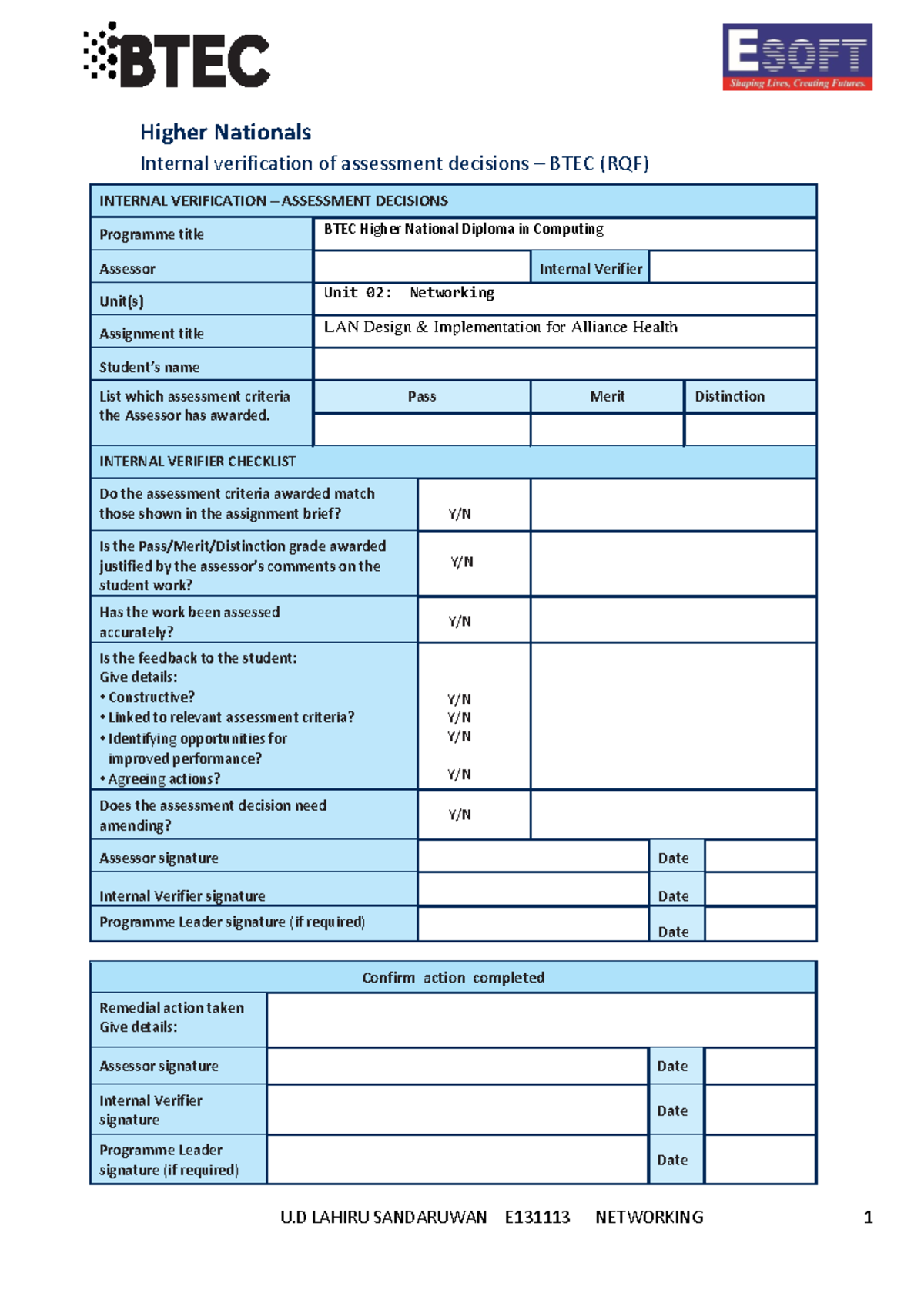 Unit 02 Networking: LAN Design & Implementation for Alliance Health - Studocu
