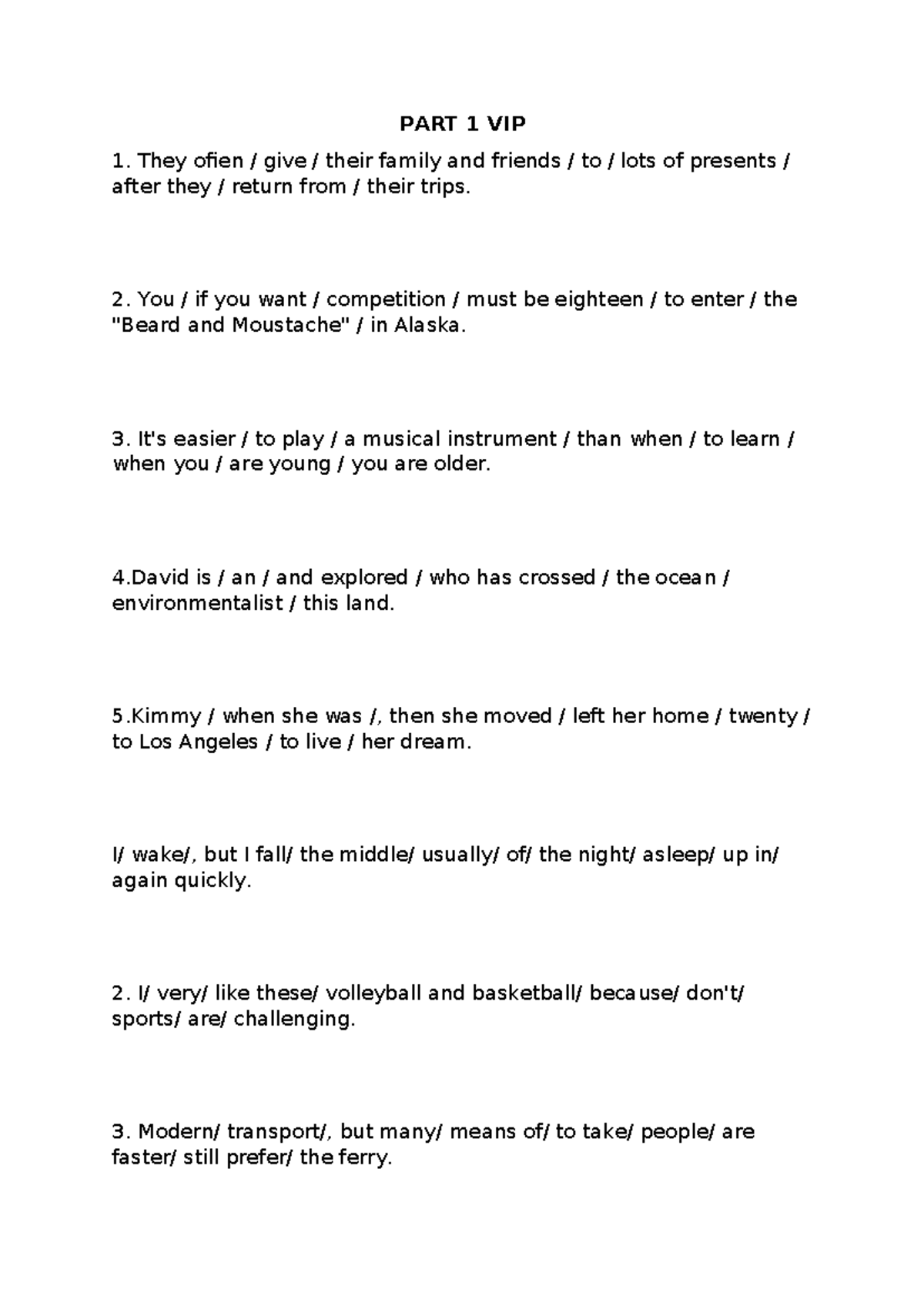 PART 1 VIP: Grammar Exercises and Sentence Structure Analysis - Studocu