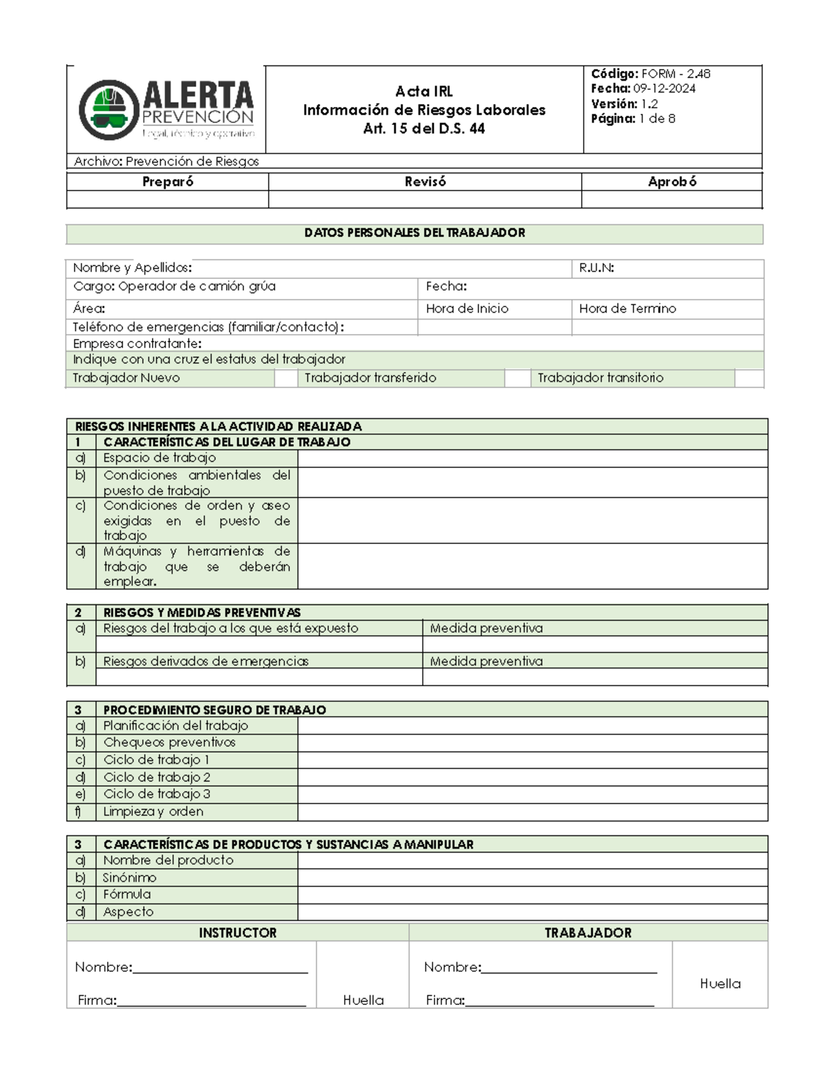FORM - 248 Acta IRL Información de los Riesgos Laborales (DS 44) V 10 ...