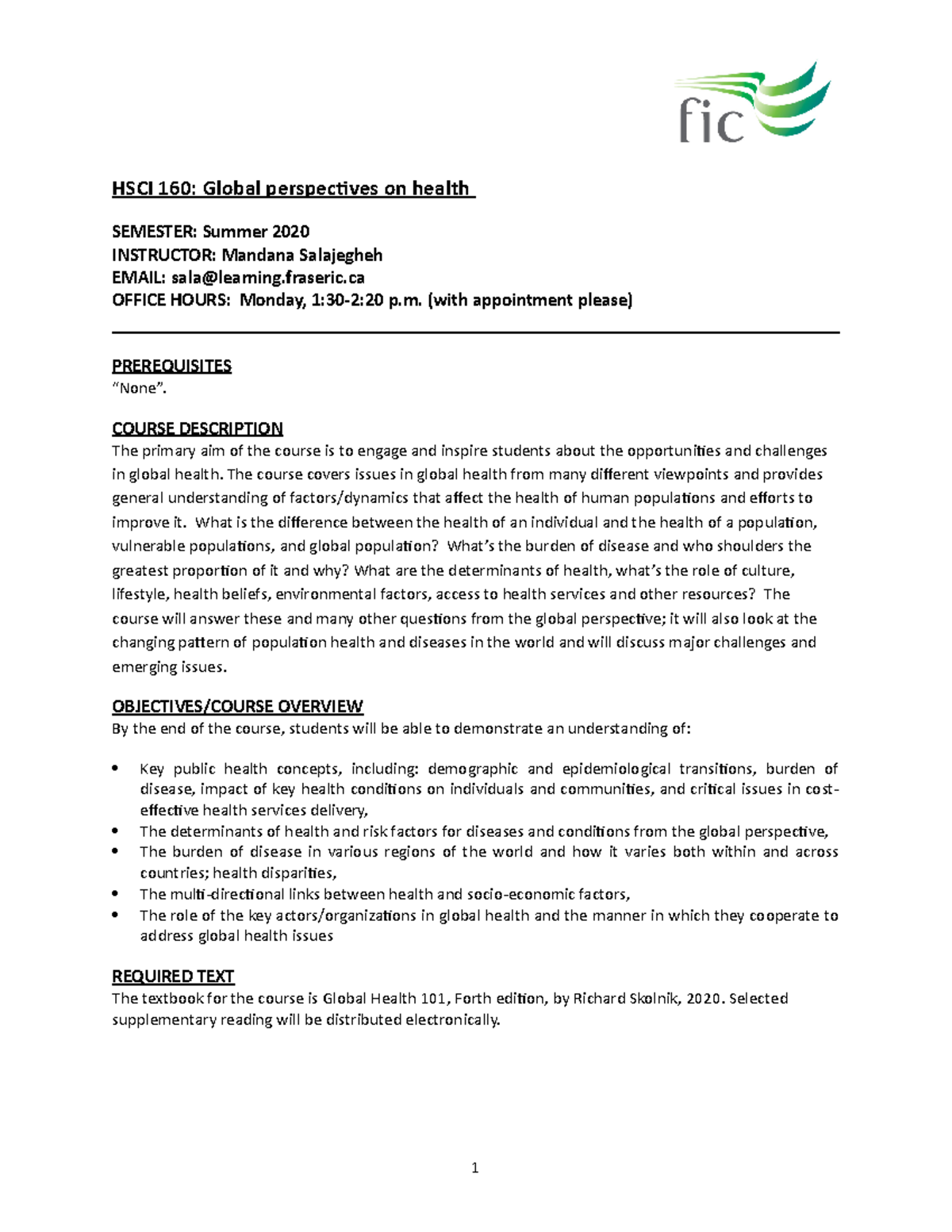 HSCI 160: Summer 2020 Global Perspectives on Health Course Overview ...