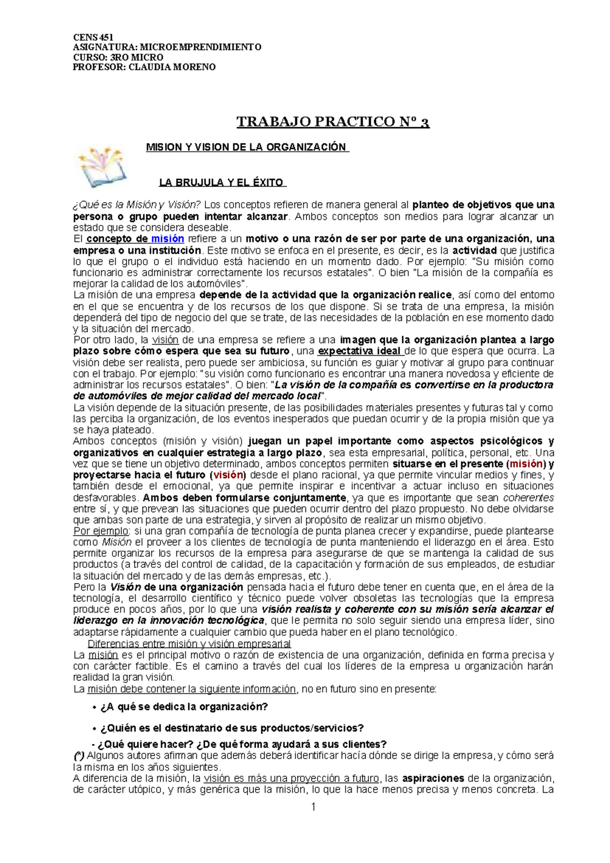 TP N-ª 3 - Micro - Misión y Visión de la Organización: La Brújula al ...