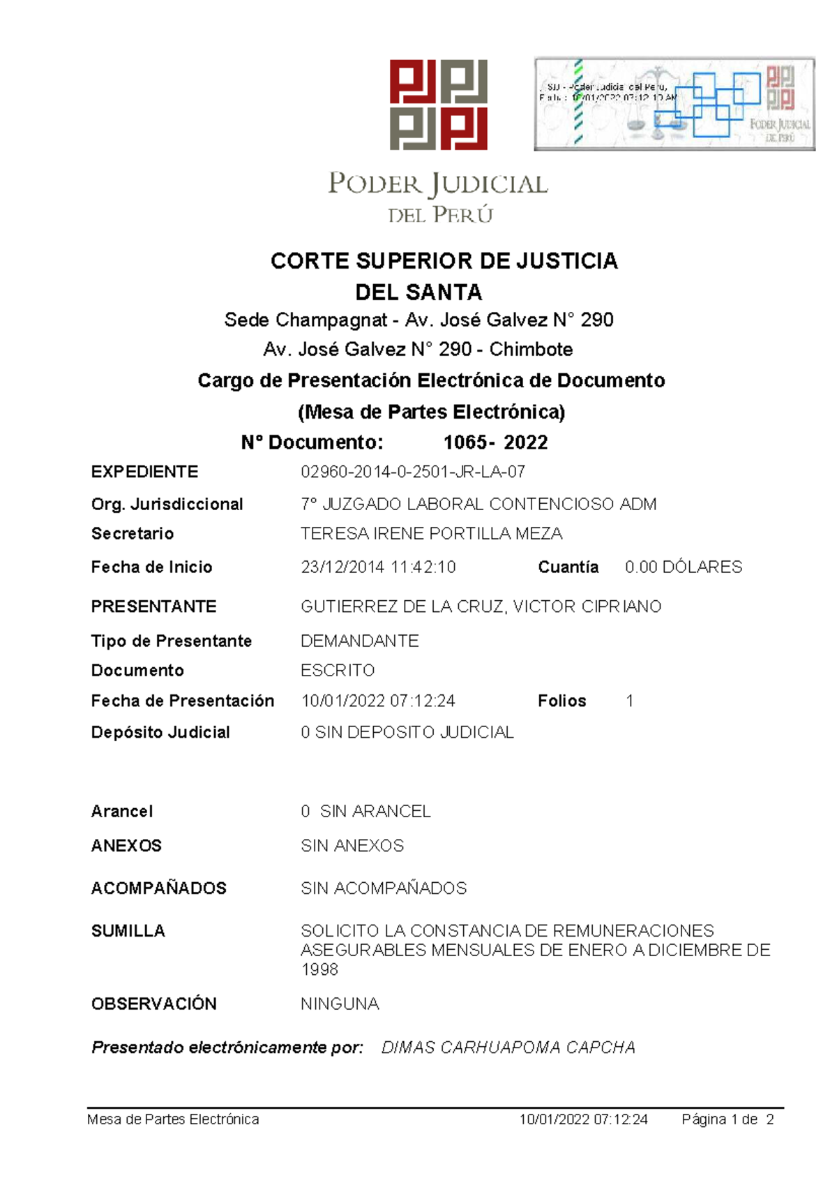 Presentación Electrónica de Documento - Juzgado Laboral 1065-2022 - Studocu