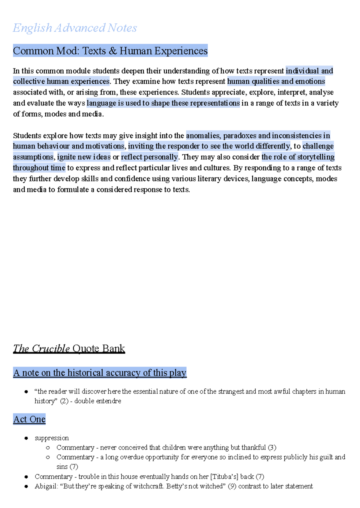 English Advanced Common Mod: Texts on Human Experiences & The Crucible ...