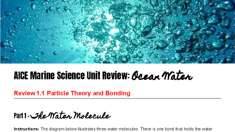 TPT AICE Assignment 1.1: Ocean Water - Particle Theory & Bonding Review ...