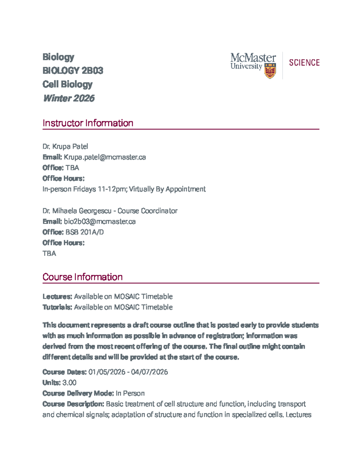 Winter 2026 Biology 2B03 Cell Biology Course Outline - Studocu