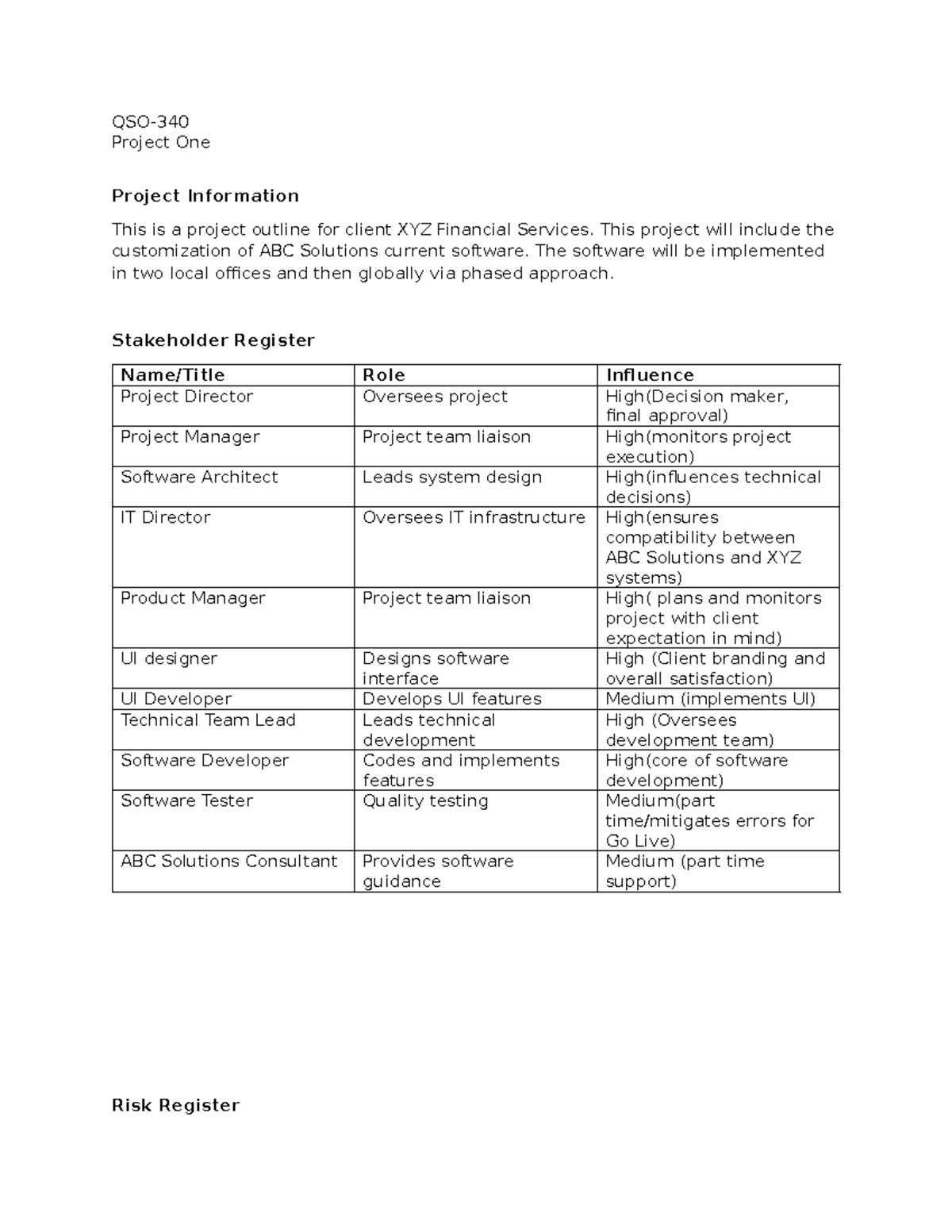 MOD3-Project One - QSO- Project One Project Information This is a project outline for client XYZ ...