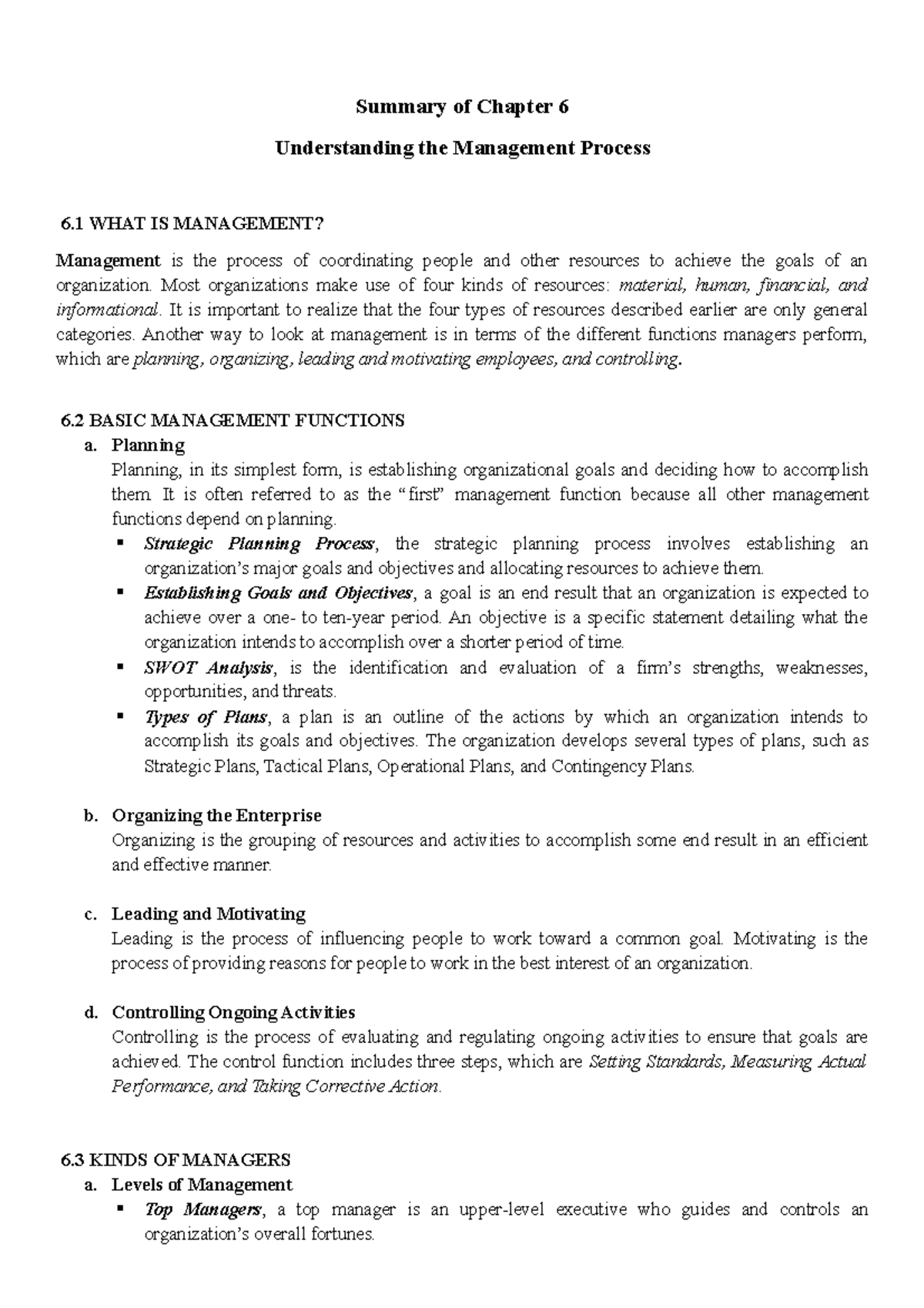 Management Process Overview: Chapter 6 Summary and Insights - Studocu