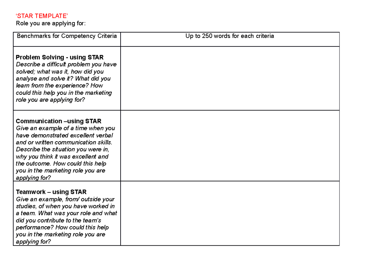 Wk 5 S.T.A.R. - Template - ‘STAR TEMPLATE’ Role you are applying for ...