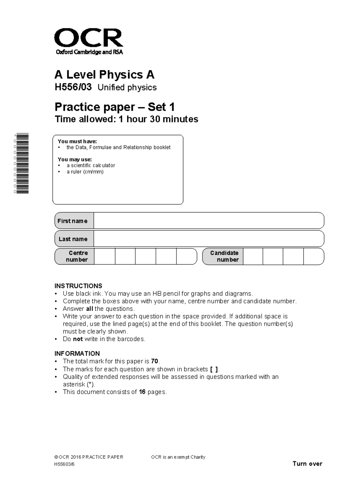 H556/03 A Level Physics Practice Paper Set 1 - Studocu